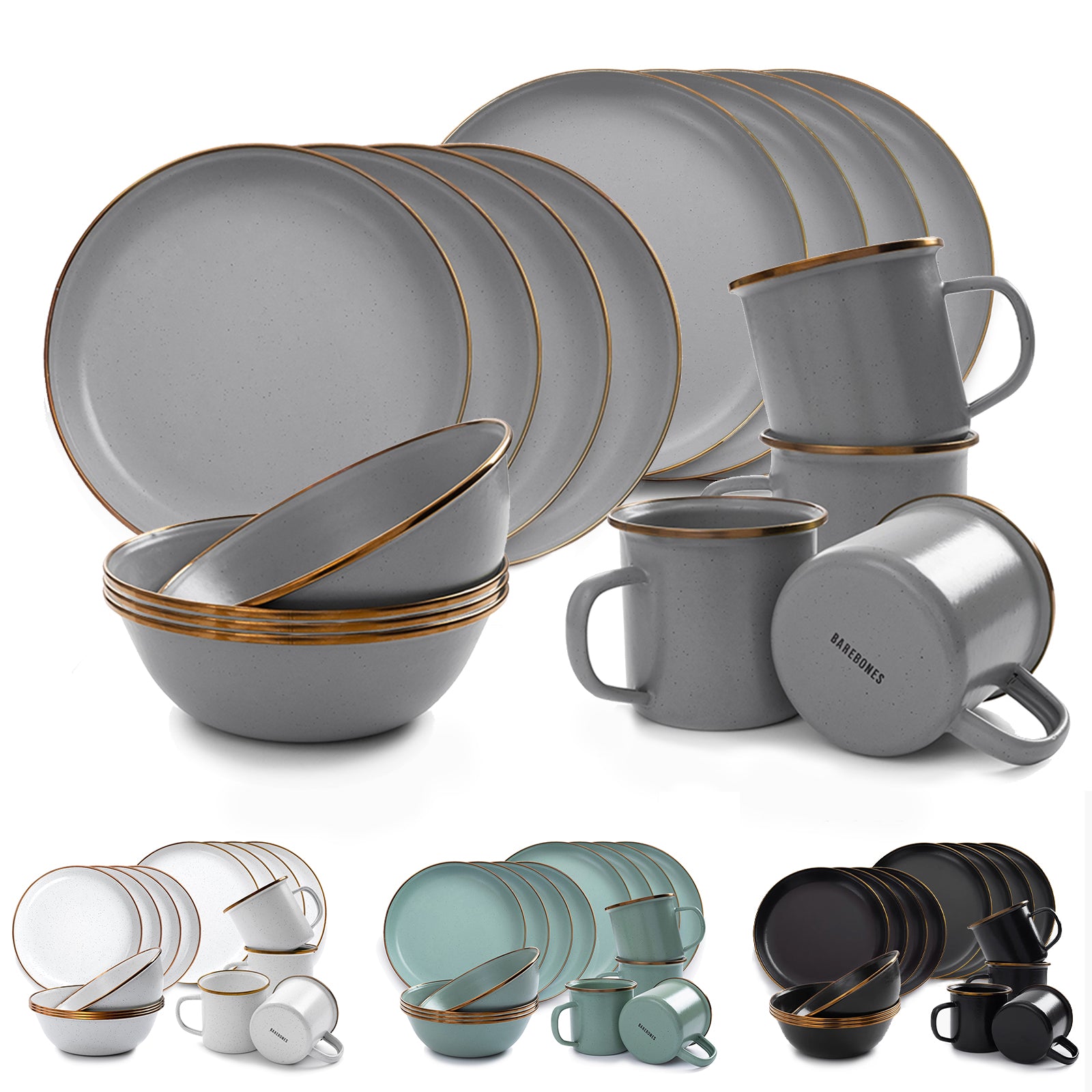 BAREBONES Emaille Campinggeschirr Set Teller Schüssel Becher Edelstahl